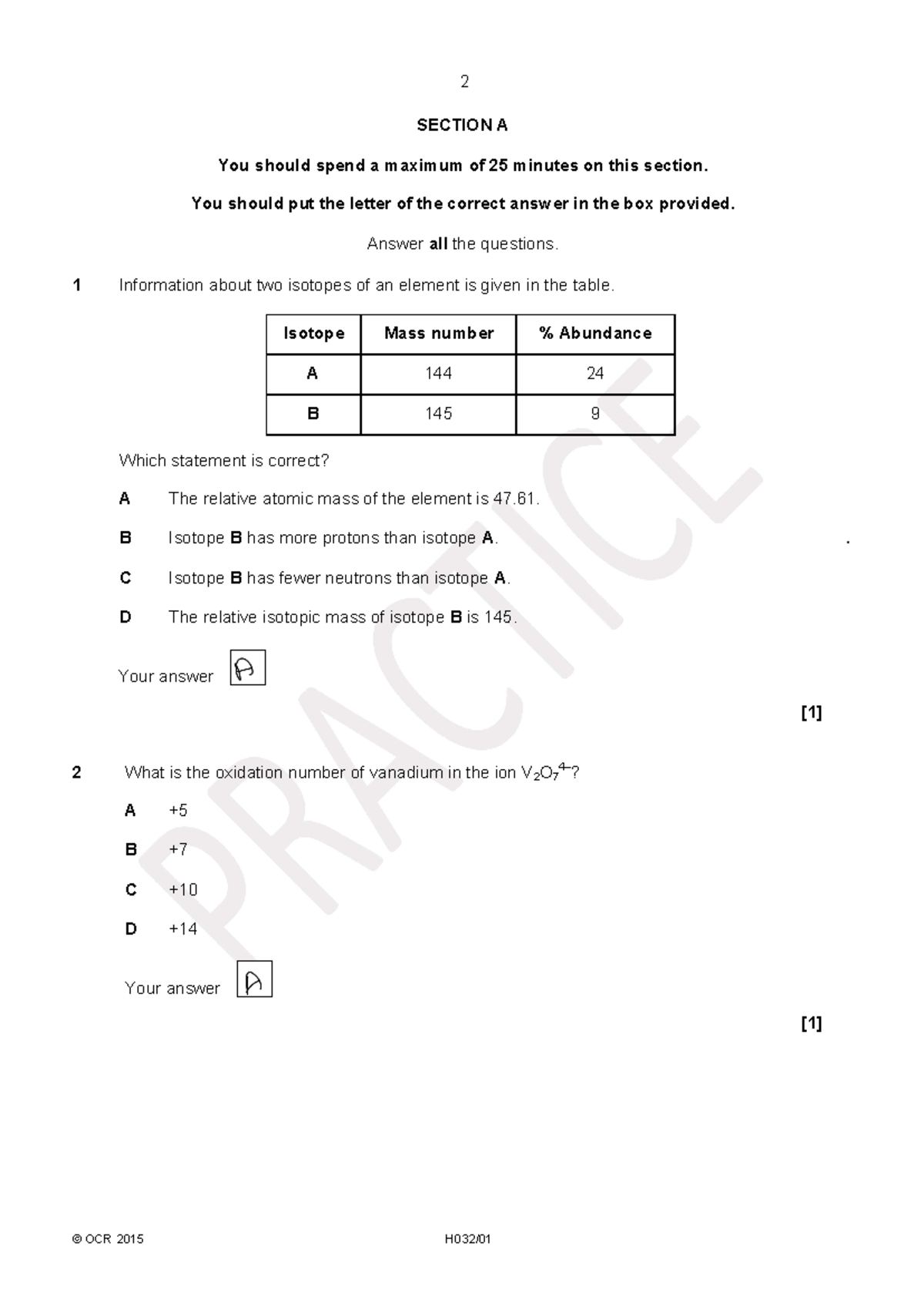 AAS practice MCQ only - © OCR 2015 H032/ SECTION A You should spend a ...