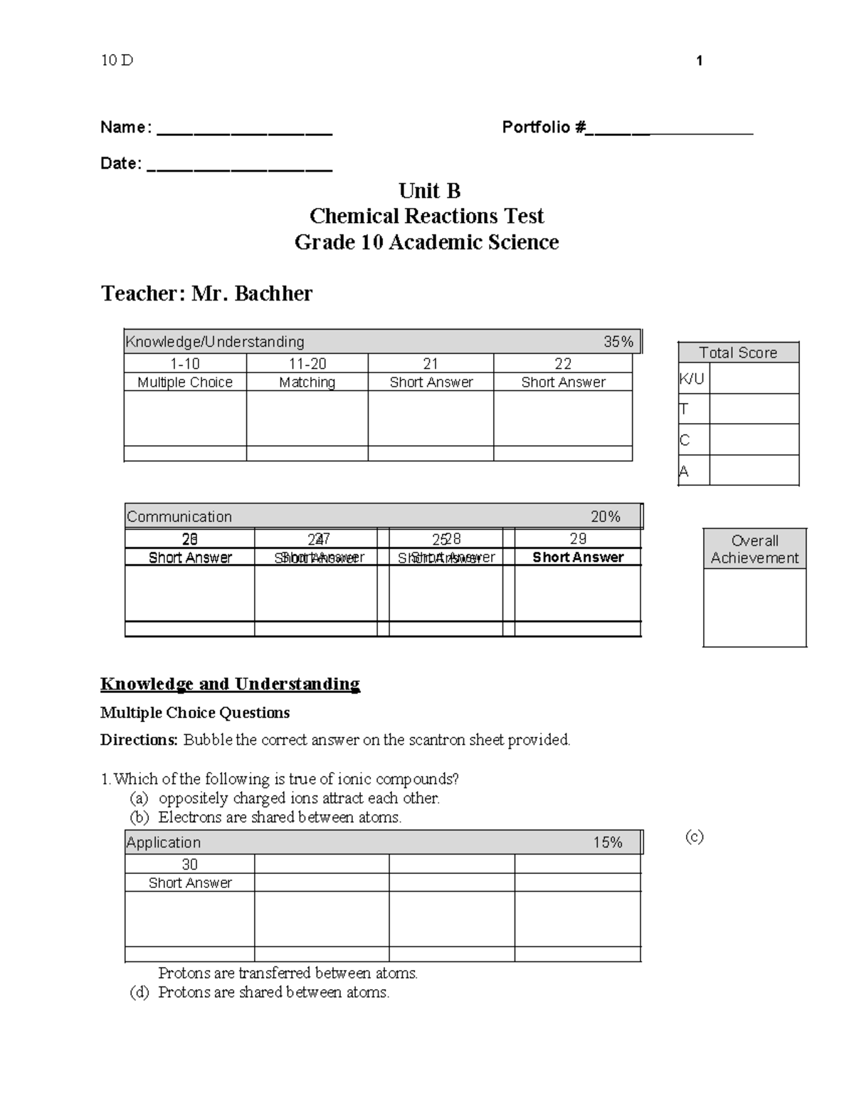 SNC 2D Final Chem Test - Term test 2 - Name ...