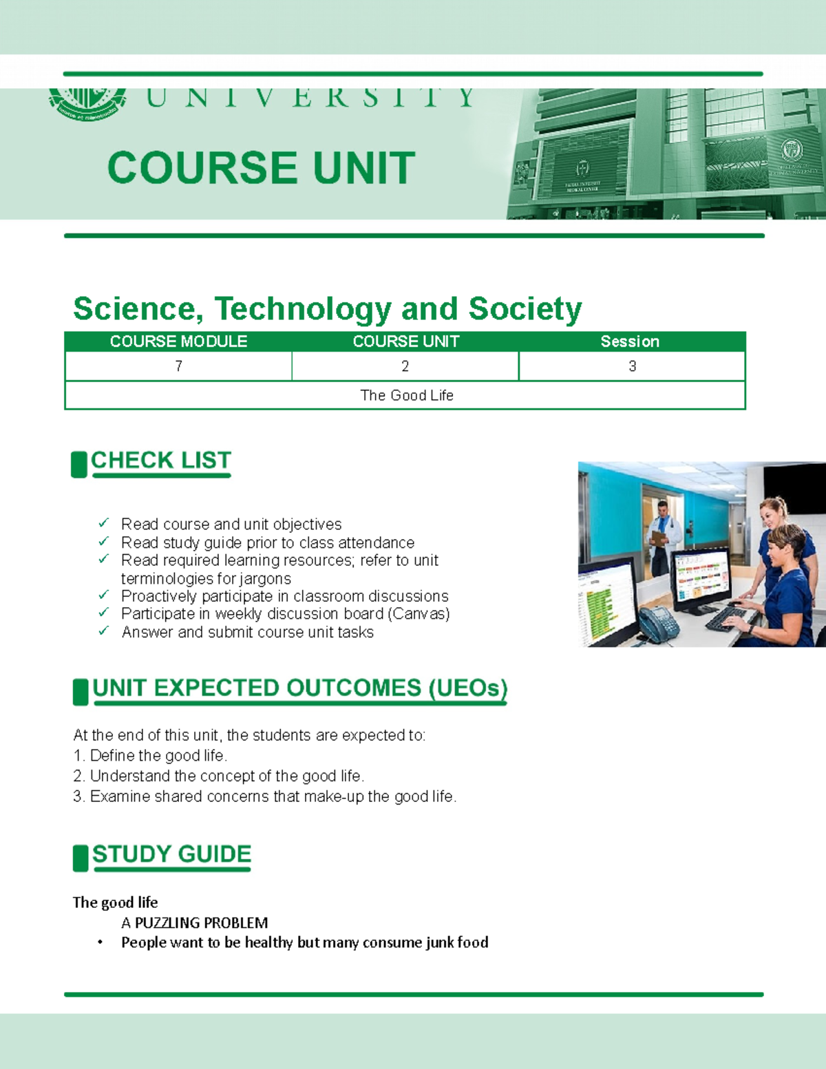 Course unit- good life - Lecture notes 7 - Stas BS-MLS - OLFU - Studocu