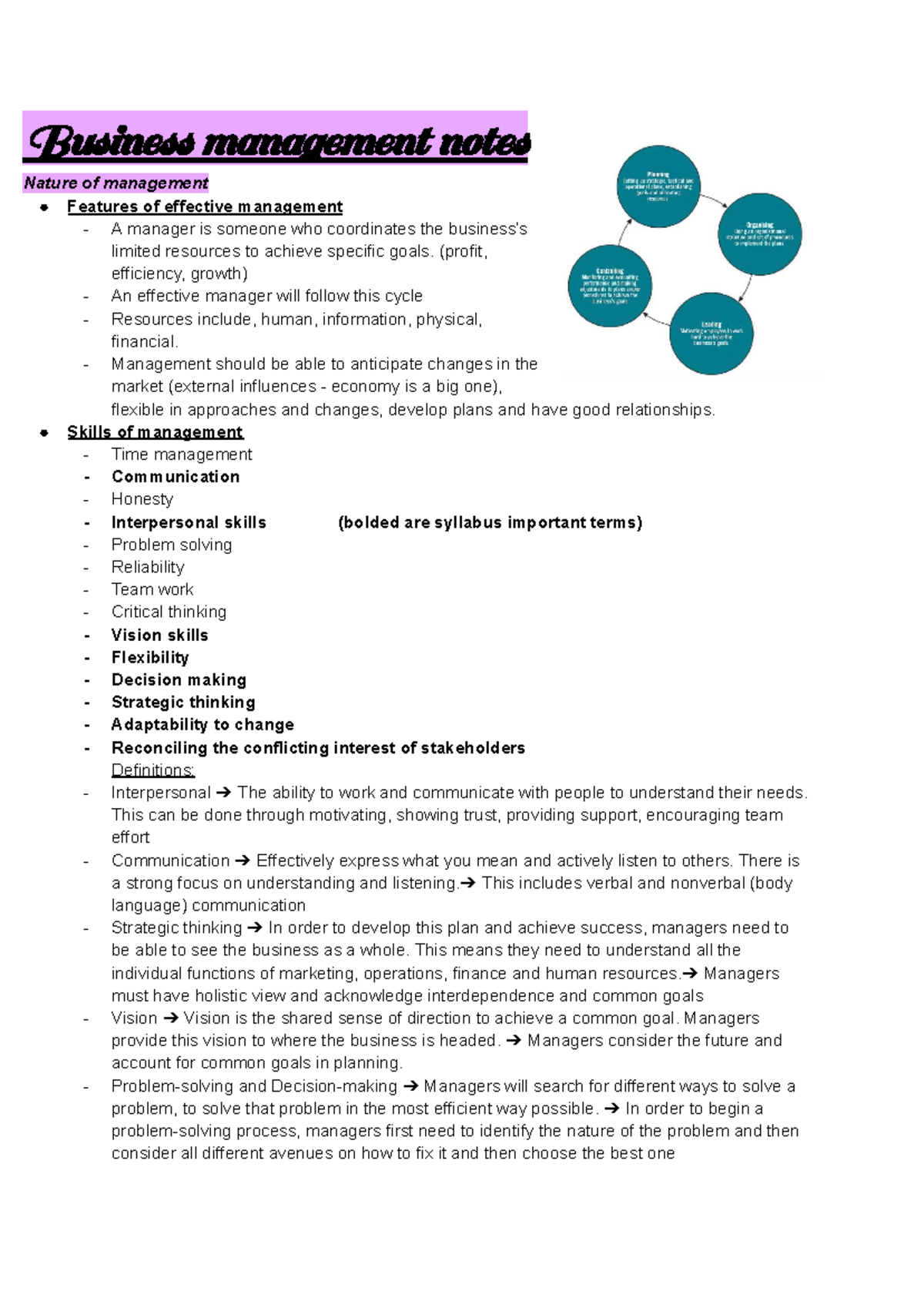 Business Management Notes - Business management notes Nature of ...