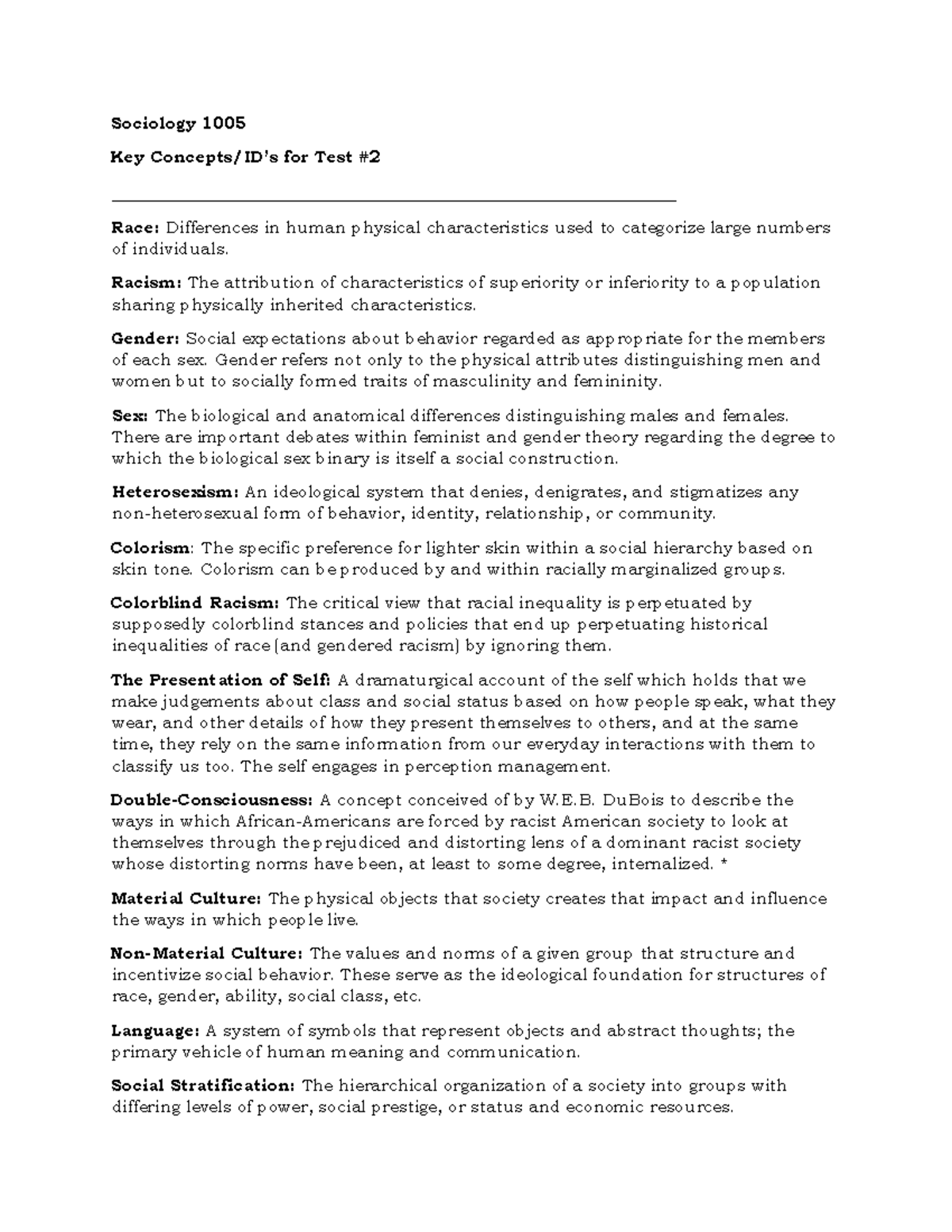 SP24 Test2 ID Study Sheet - Sociology 1005 Key Concepts/ID’s for Test ...