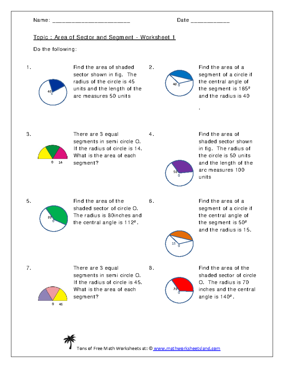 Area of sectors and segments worksheet and key - Topic : Area of Sector ...