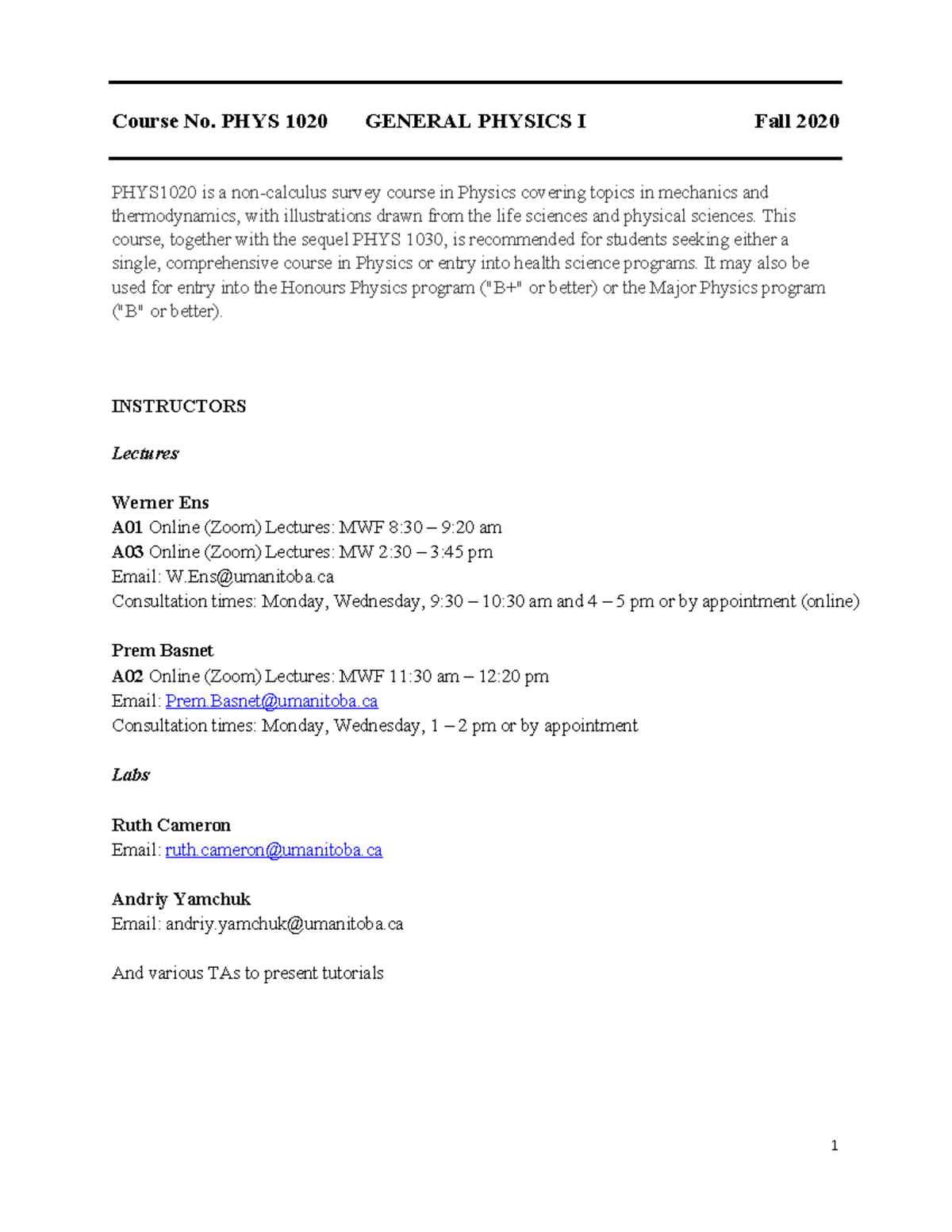 Phys1020 2020Fall - Syllabus - PHYS1020 is a non-calculus survey course ...