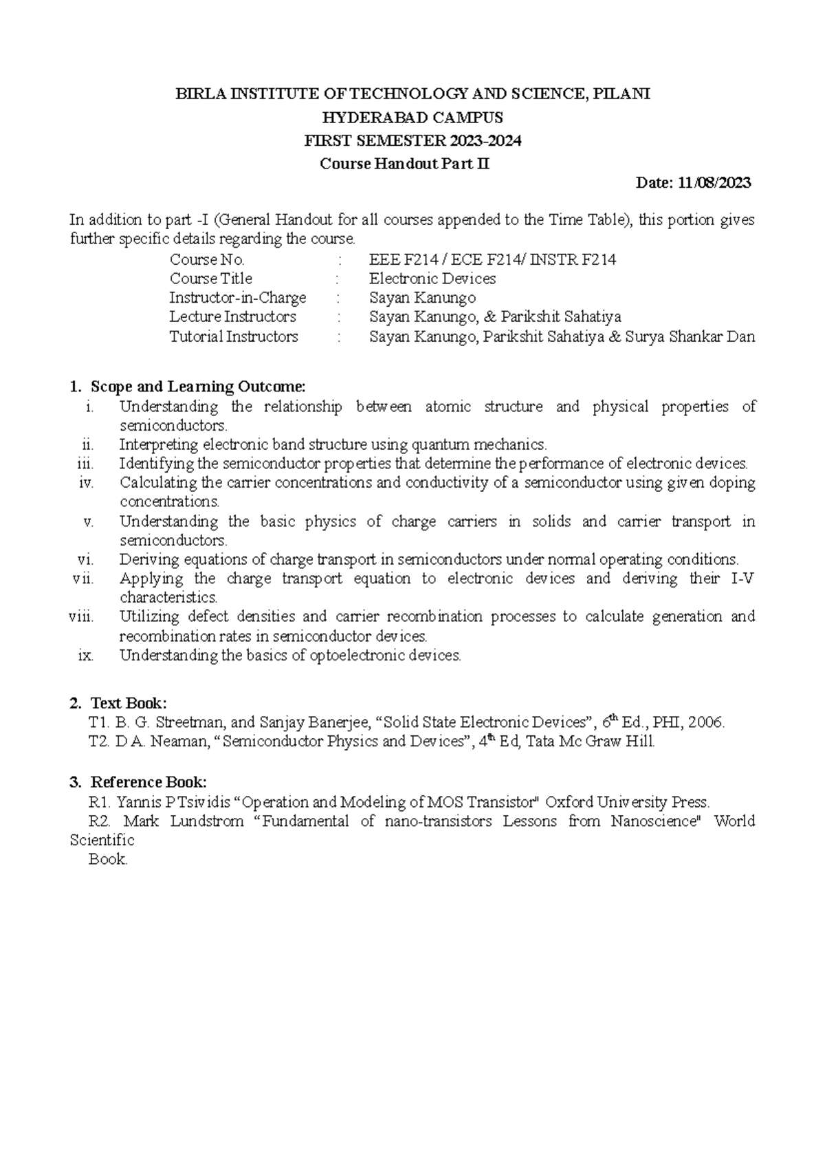 EEE(ECE)( Instr) F214 ED Handout Final Sayan Kanungo 2023 - BIRLA INSTITUTE OF TECHNOLOGY AND ...