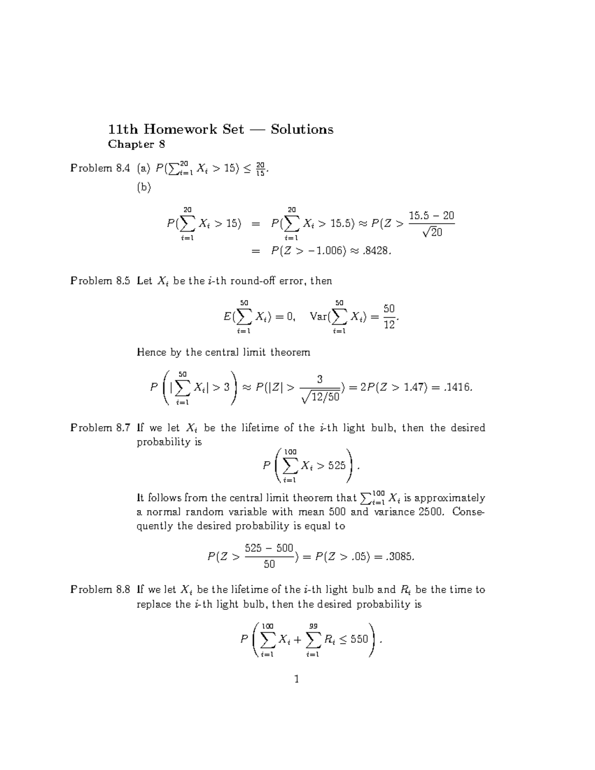 MATH 461 HW 11 Solutions - 11th Homework Set — Solutions Chapter 8 Problem 8 (a)P( ∑ 20 - Studocu