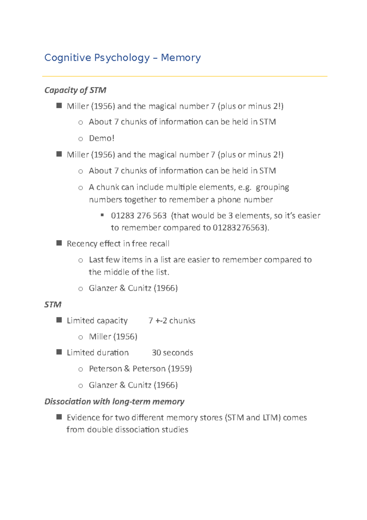 Cognitive Psychology - Memory - Cognitive Psychology – Memory Capacity ...