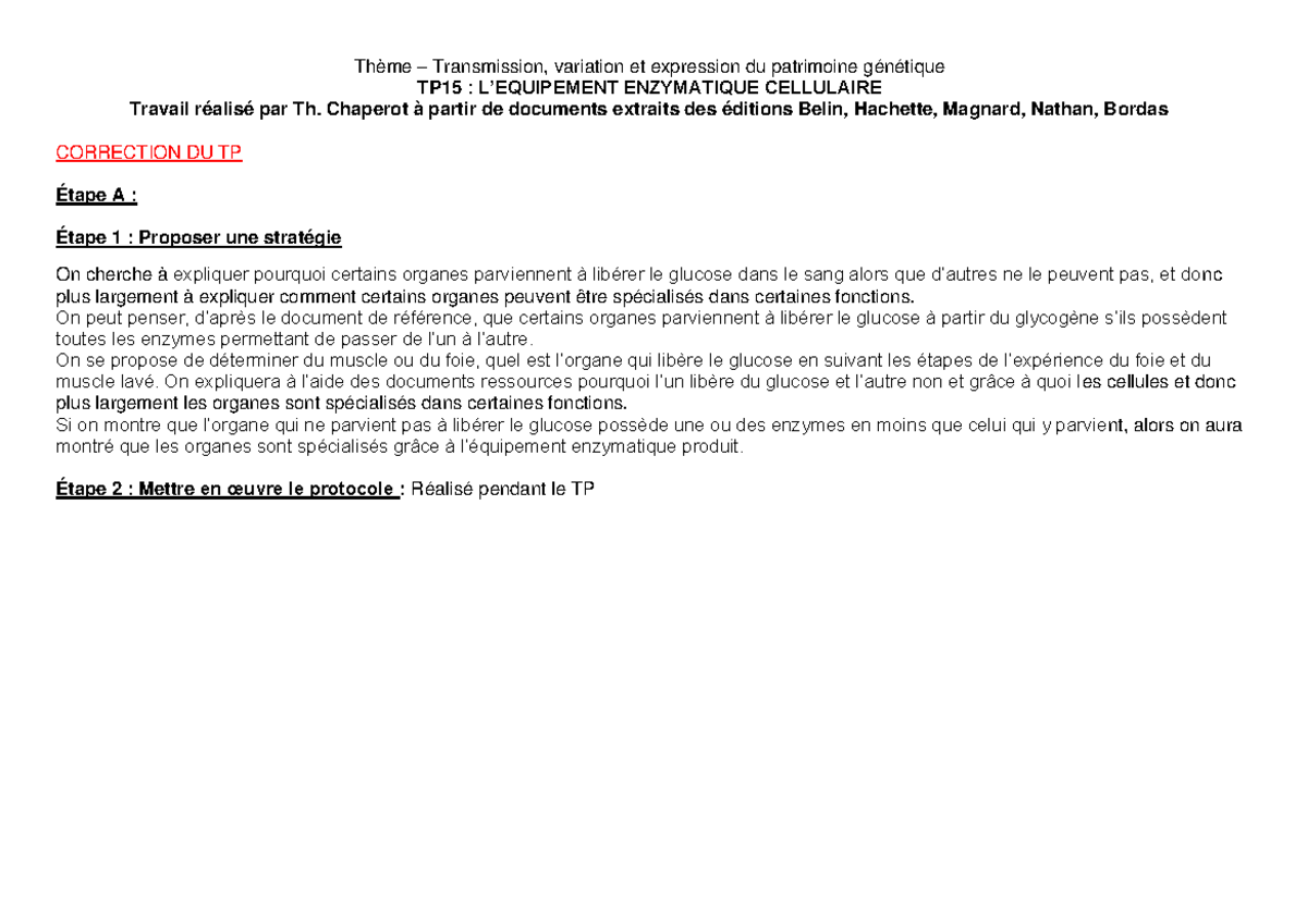 TP15 Ge´ne´tique L'e´quipement enzymatique cellulaire 1SSpe´ 2022-2023 ...