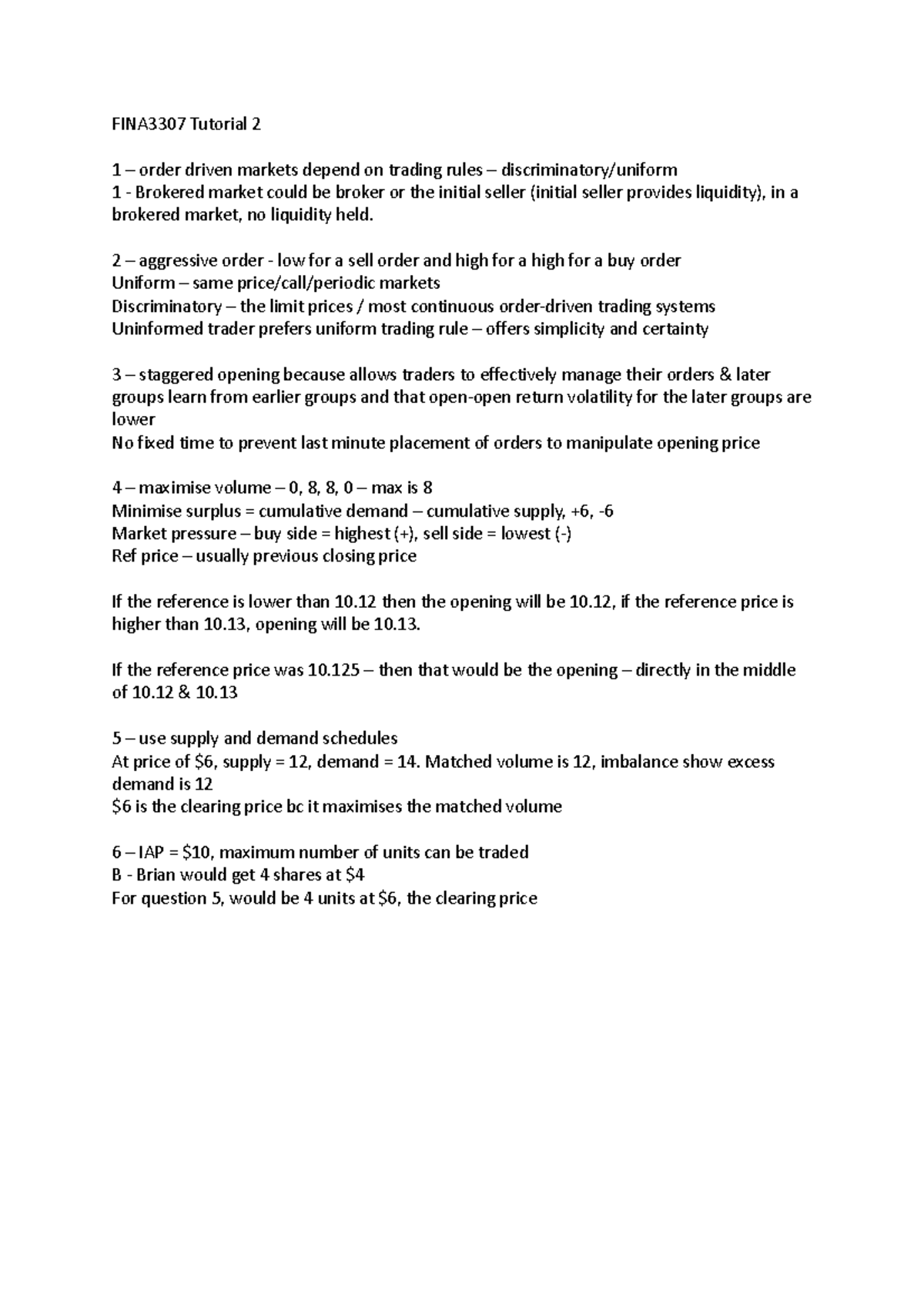 FINA3307 Tutorial 2 - 2 – aggressive order - low for a sell order and ...