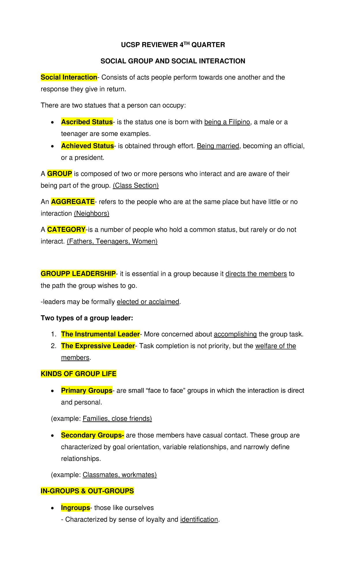 UCSP Reviewer - Notes - UCSP REVIEWER 4TH QUARTER SOCIAL GROUP AND ...