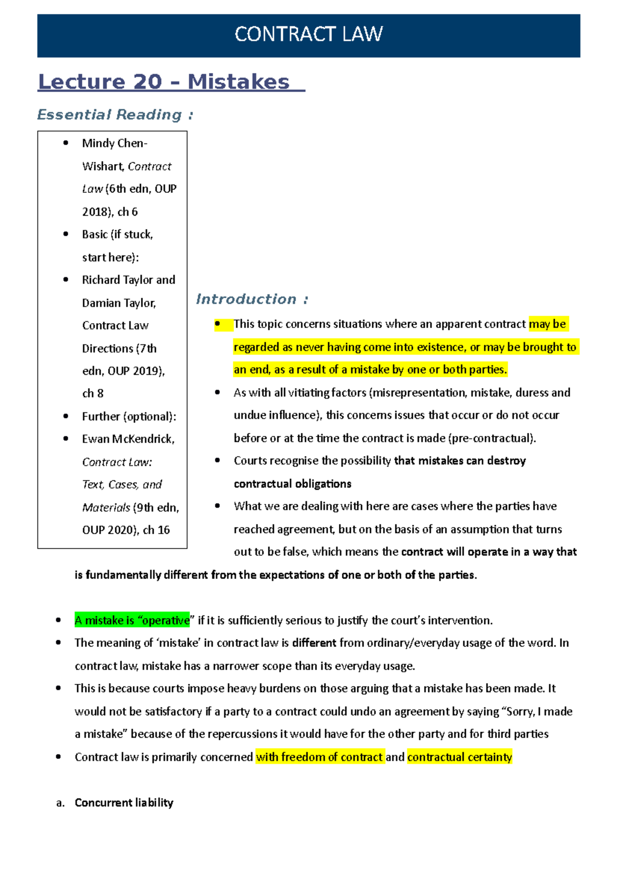 L 20 Mistakes - Mistake contract law - Lecture 20 – Mistakes Essential Reading : Introduction ...