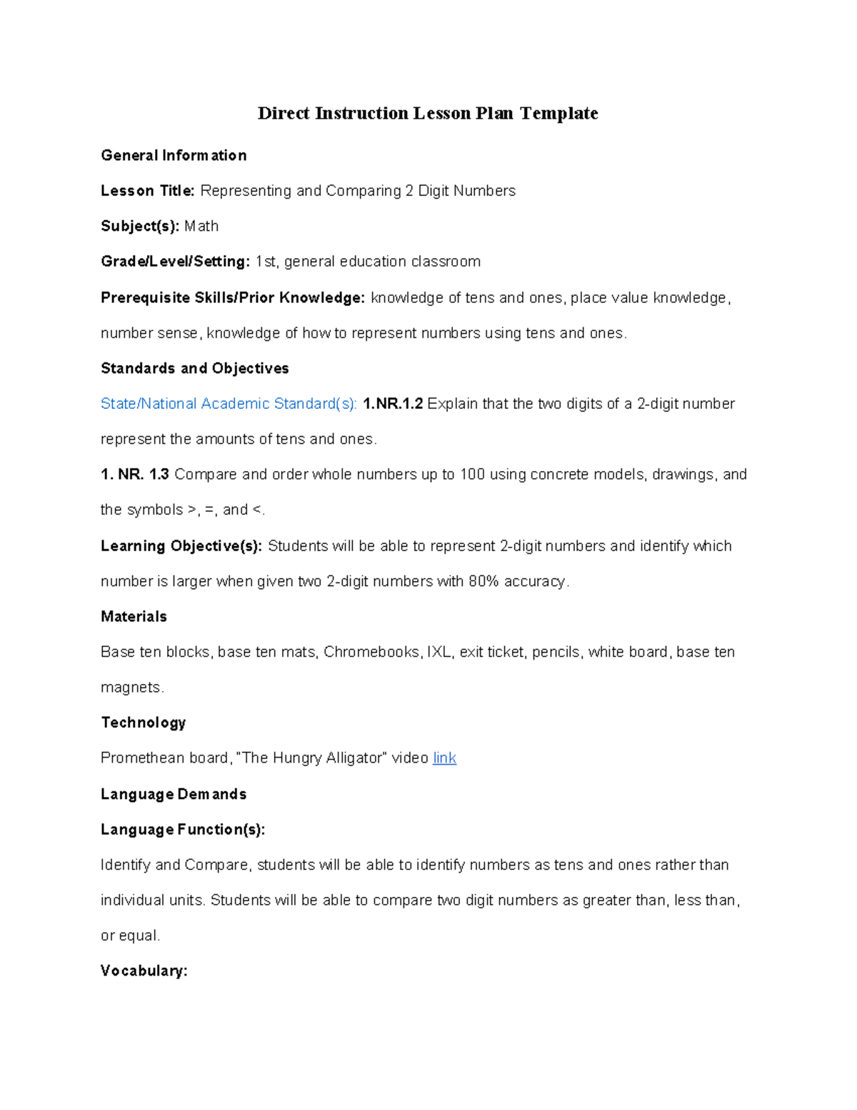 Lesson Plan - Standards and Objectives State/National Academic Standard ...