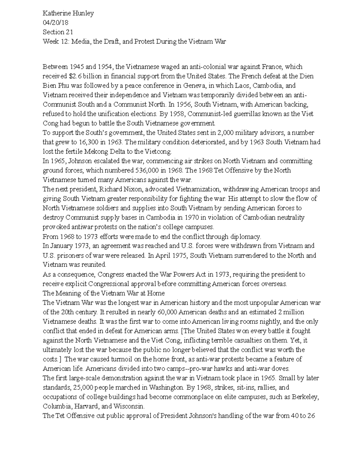 HIST-1221: Media, the Draft, and Protest During the Vietnam War - 04/20 ...