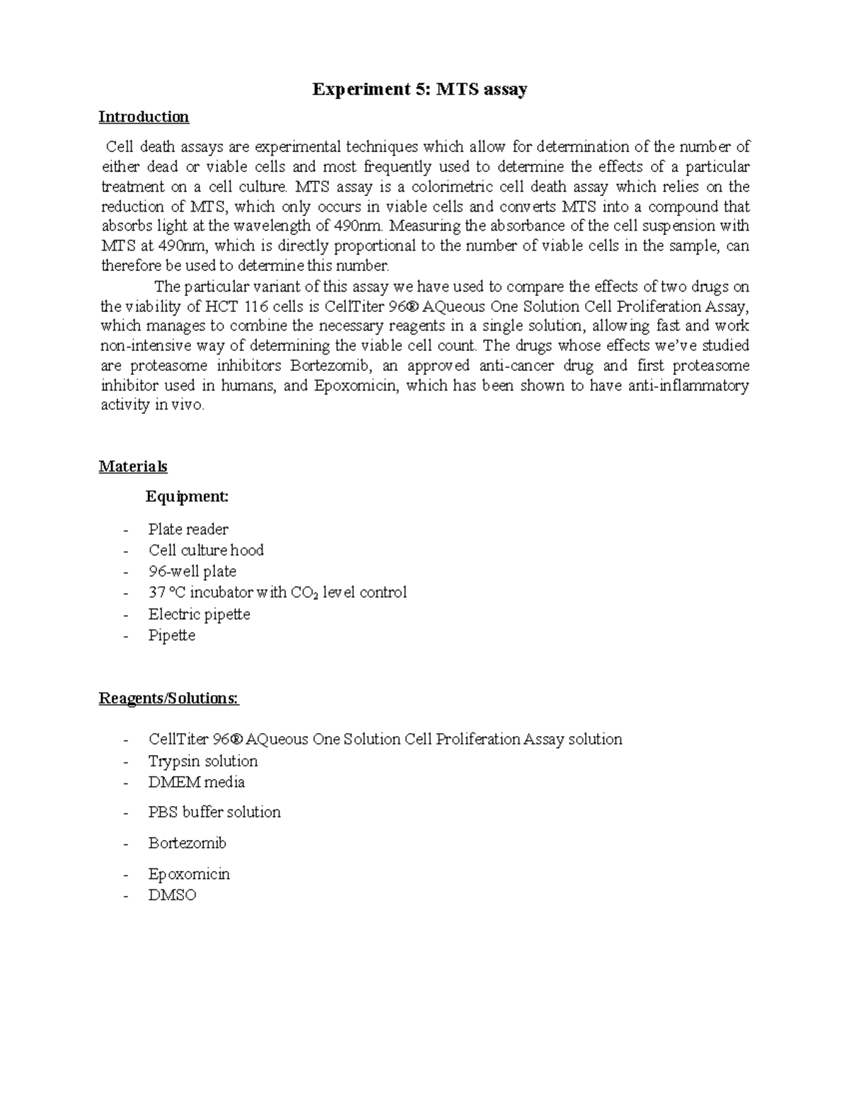 BIOL 533 Lab Report 5 - MTS assay - Experiment 5: MTS assay ...