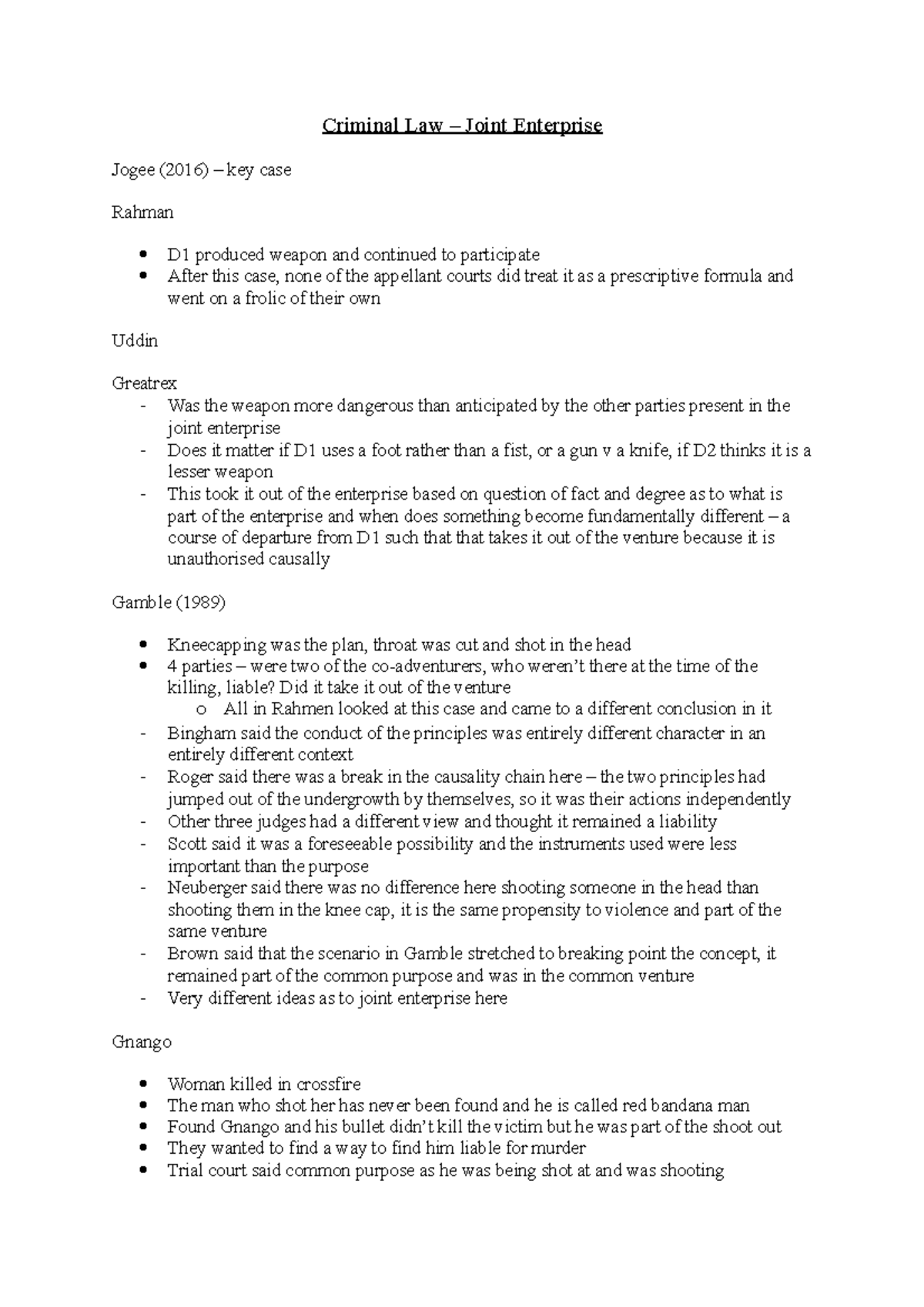 Criminal law - Joint Enterprise - Criminal Law – Joint Enterprise Jogee ...