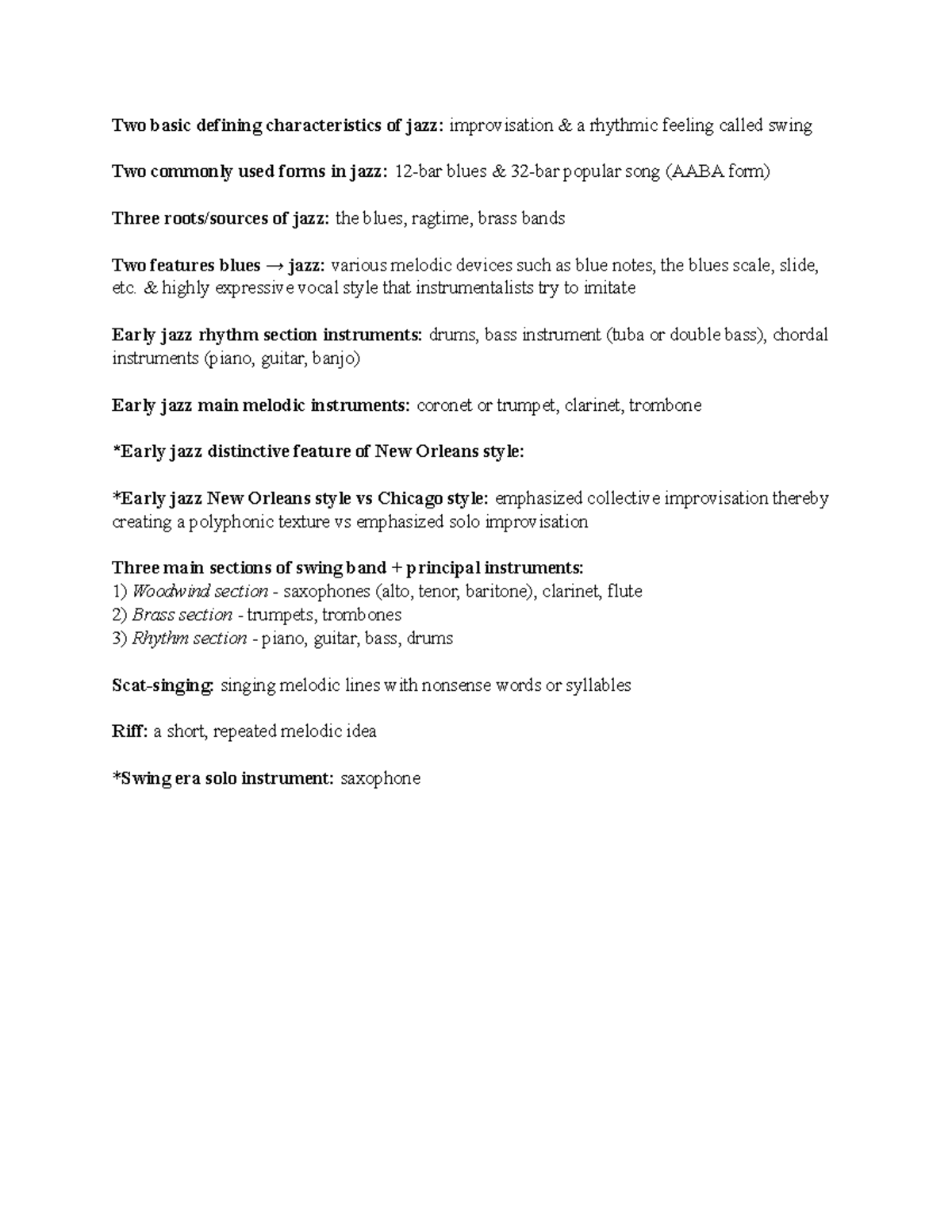 Music Test Notes 3 - Jazz Culture - Two basic defining characteristics ...