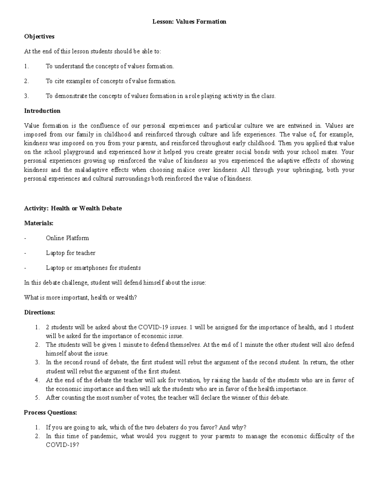 Values Formation 2 1 - Cwts - Lesson: Values Formation Objectives At ...