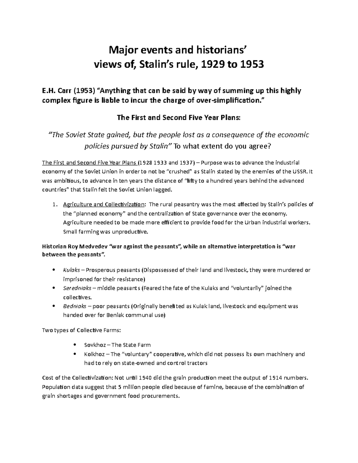 Historians' views on Stalin's rule 1929 to 1953 - Major events and ...