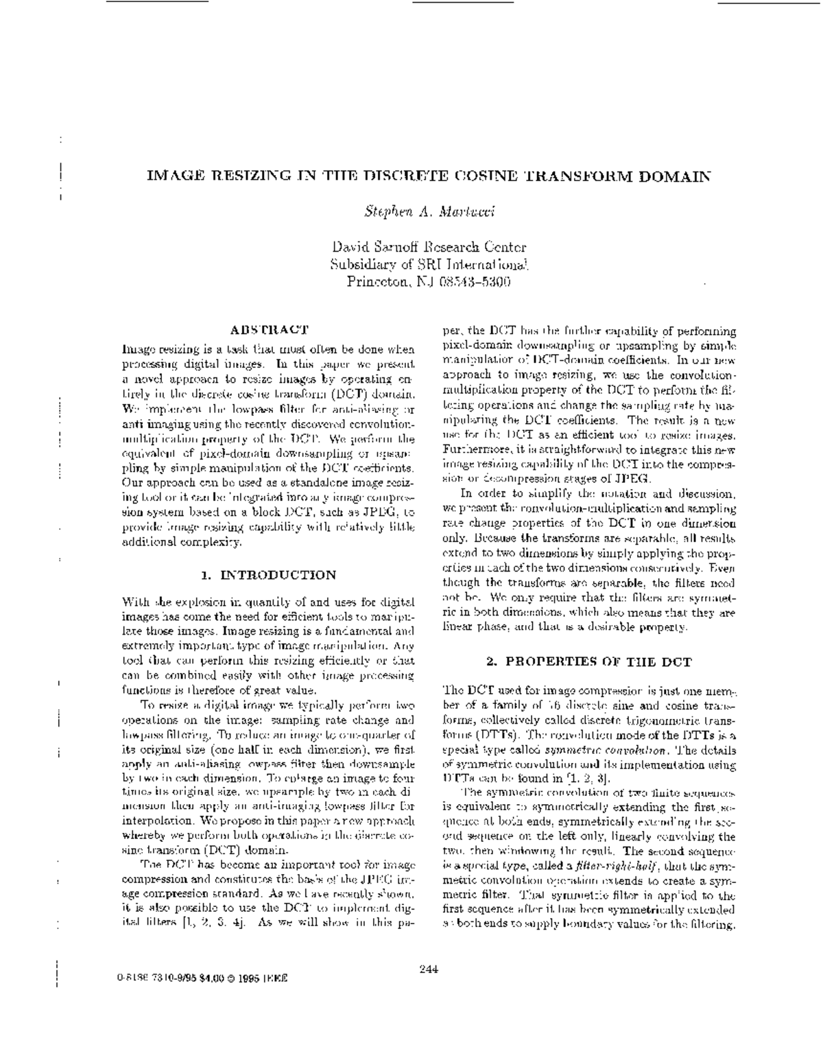 Icip - idk - IMAGE RESIZING IN THE DISCRETE COSINE TRANSFORM DOMAIN zy Stephen A. Martucci zyxwv ...