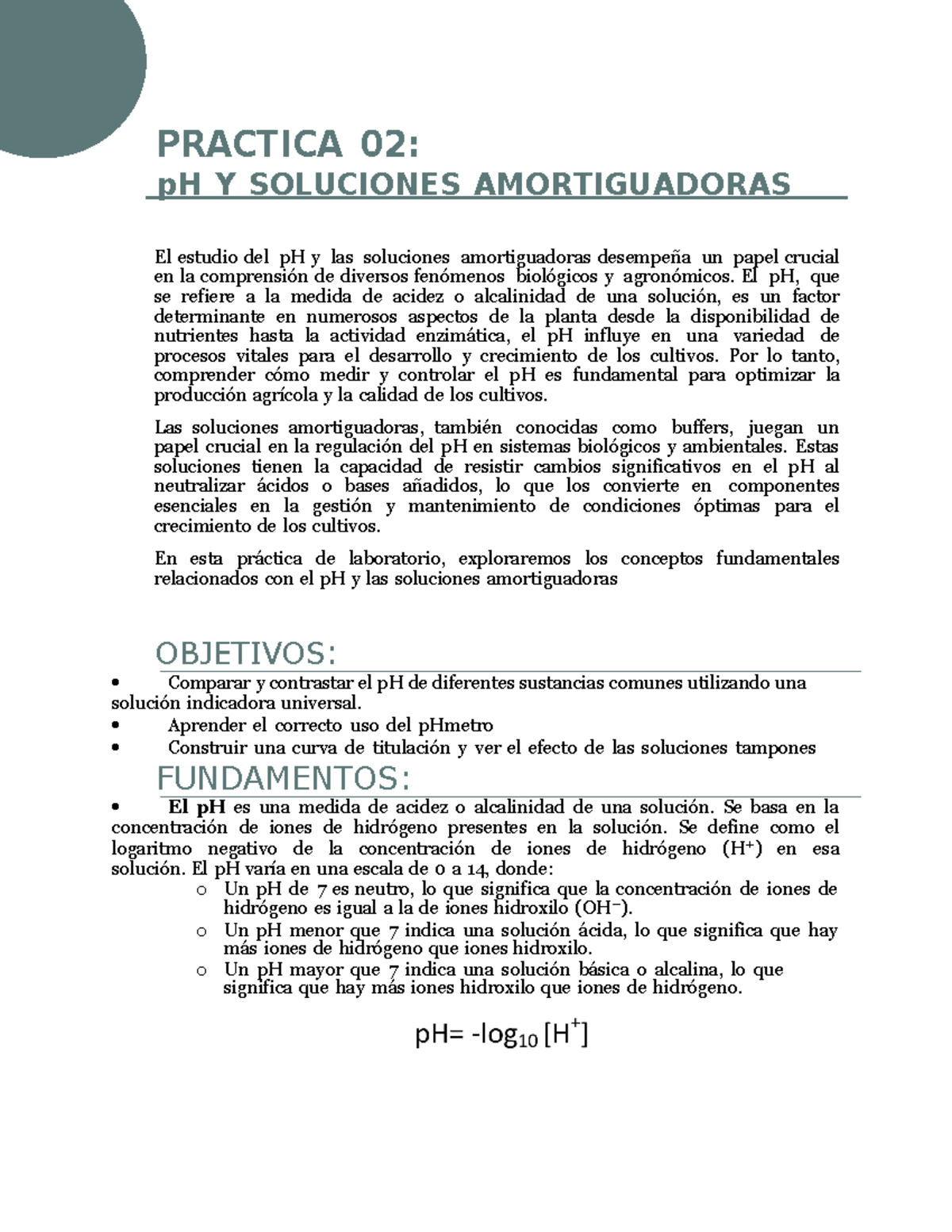 Practica 02 - PRACTICA 02: pH Y SOLUCIONES AMORTIGUADORAS El estudio del pH y las soluciones ...