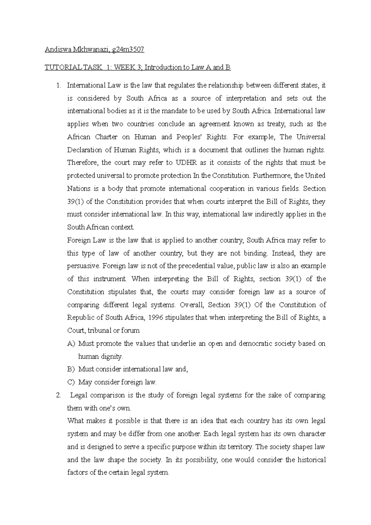 Intro to law Tutorial 2 week 3 - Andiswa Mkhwanazi, g24m TUTORIAL TASK 1: WEEK 3; Introduction ...