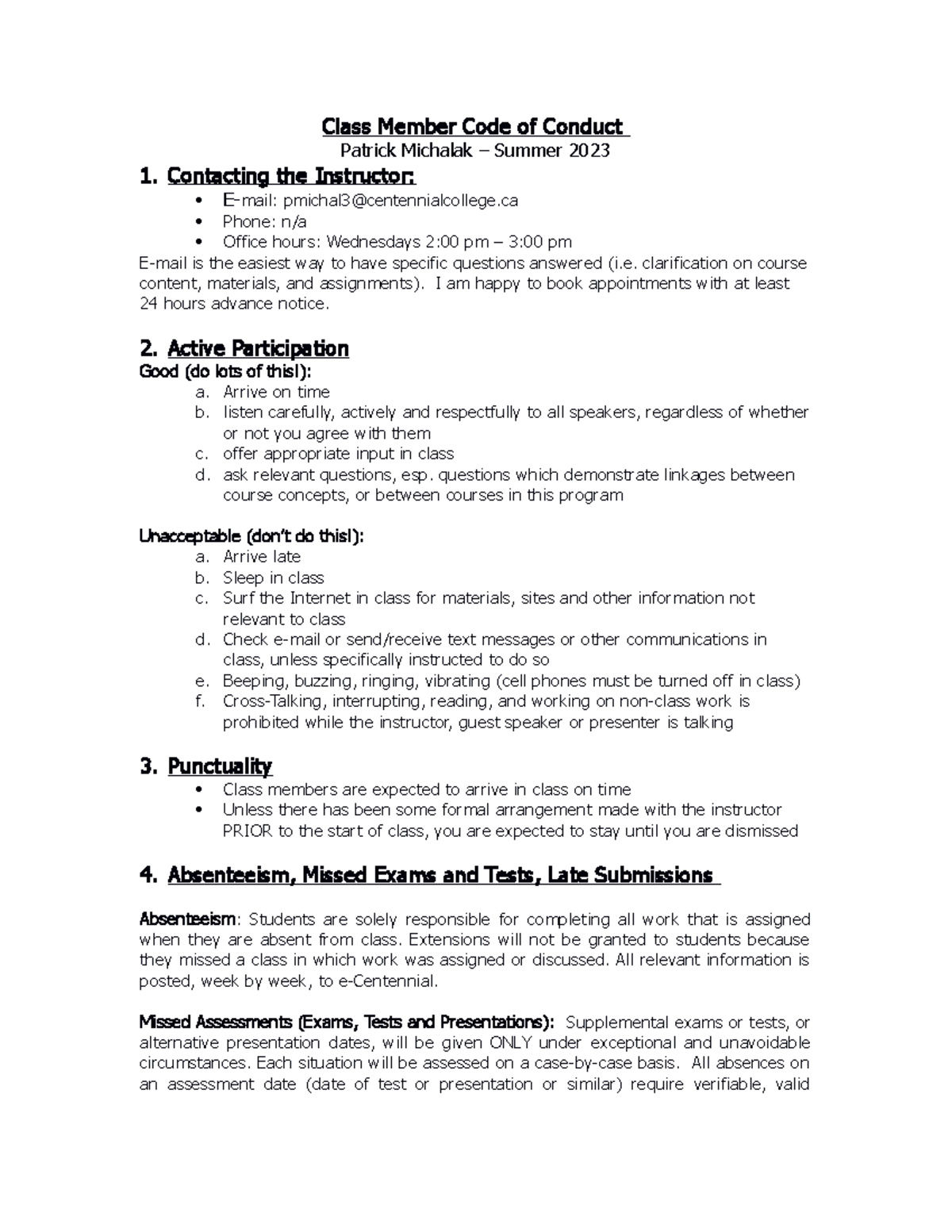 BUSN 333 classroom mgt - notes - Class Member Code of Conduct Patrick ...