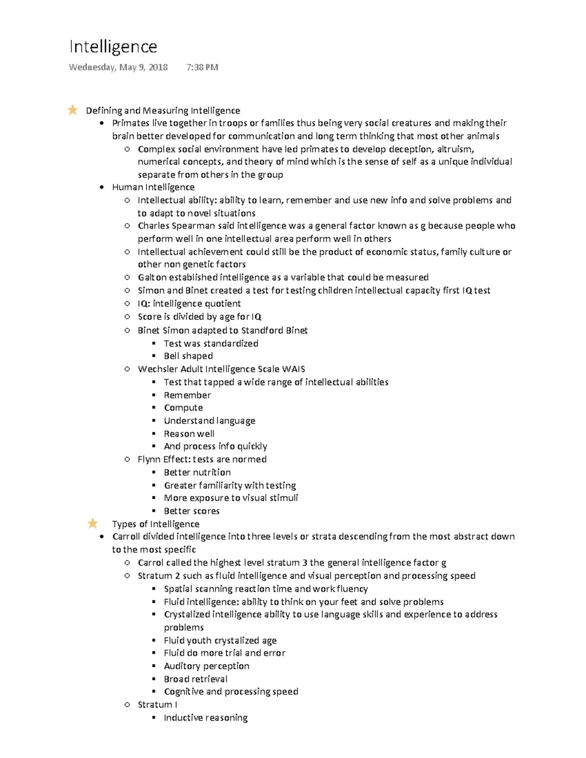 Intelligence - Lecture notes 15 - Intelligence Wednesday, May 9, 2018 7 ...