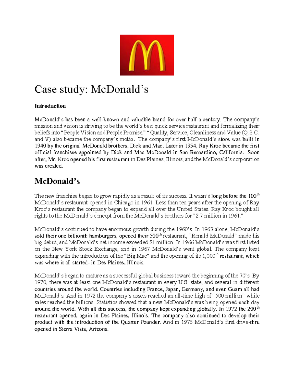 Mc Donald's 1 1 2 - Reading Material - Case study: McDonald’s ...
