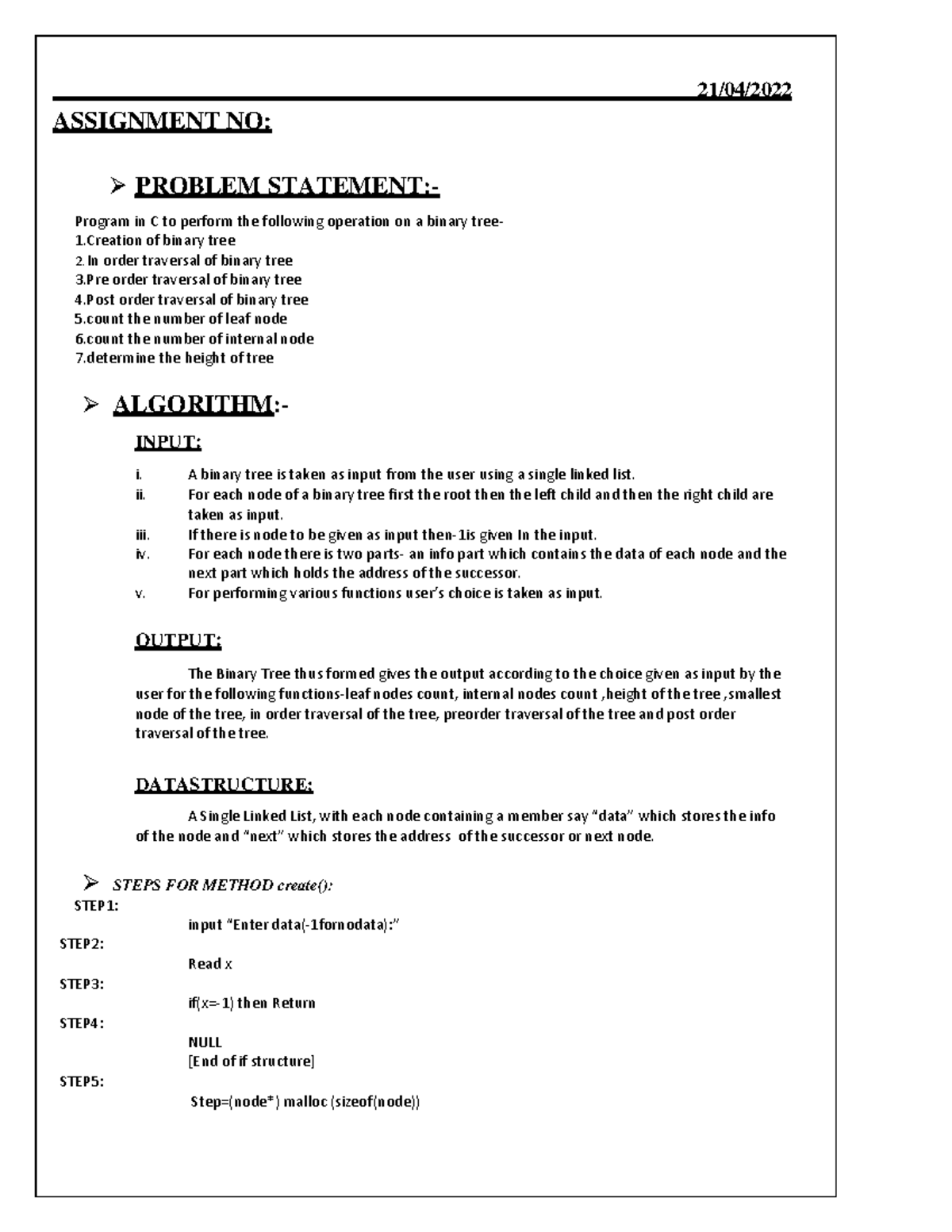 Binary Tree Assignment 2104 Assignment No Problem Statement Program In C To Perform The 