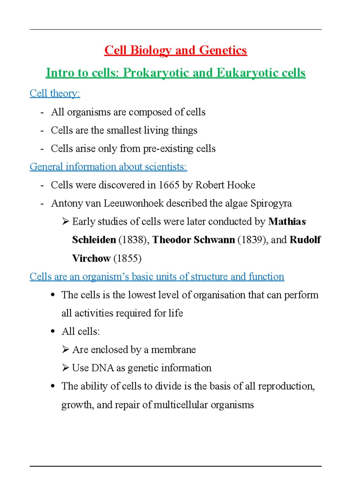 Notes for the topic 'introduction to prokaryotic and eukaryotic cells ...