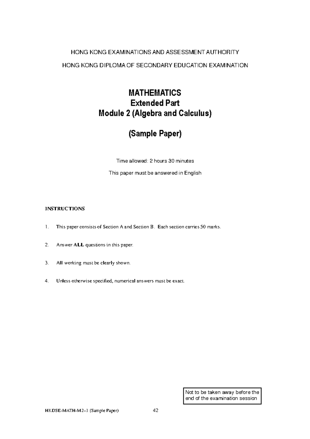 Sample Paper MATH Extended Paper M 2 E - Not to be taken away before ...