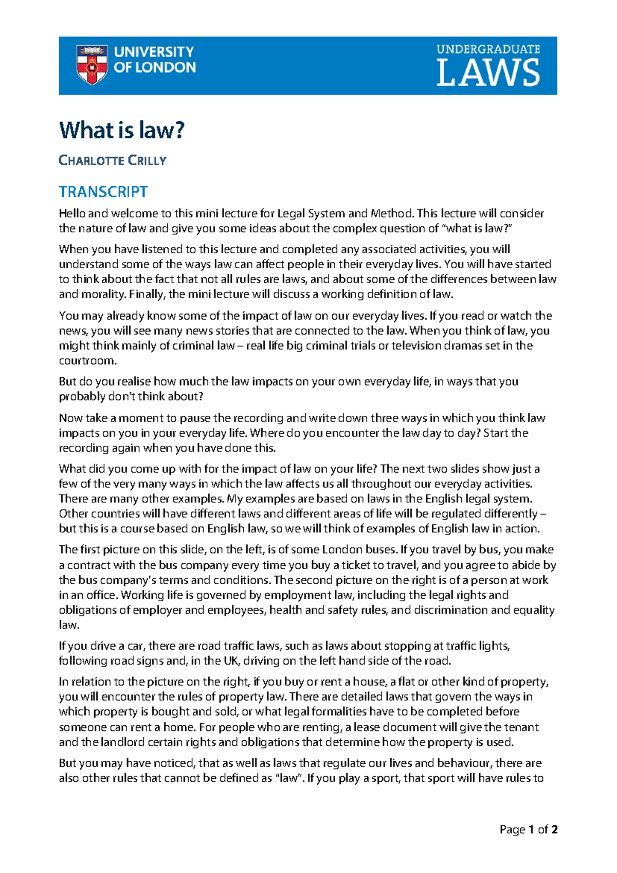 Chapter 2 Transcript - commercial law - Page 1 of 2 What is law ...