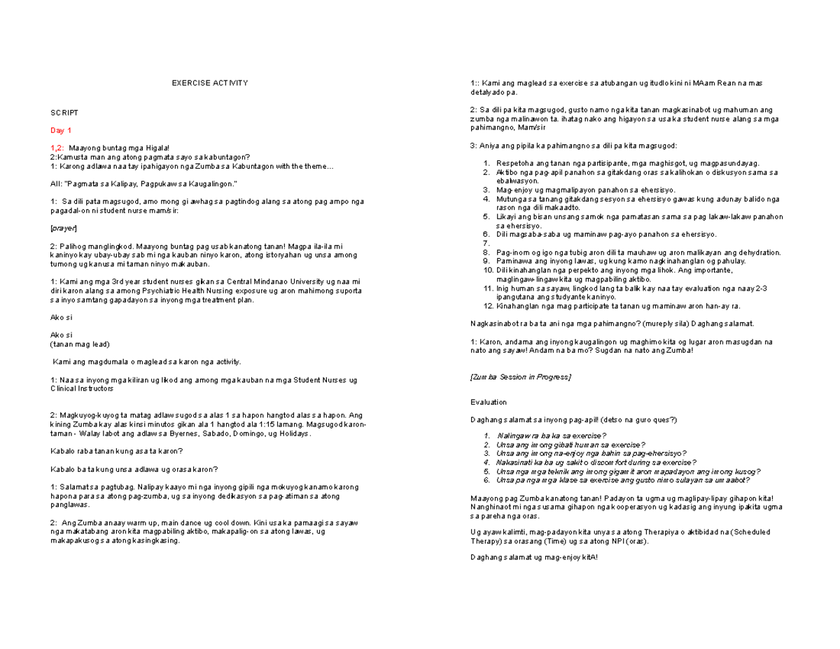 Exercise HH Script - EXERCISE ACTIVITY SCRIPT Day 1 1,2: Maayong buntag ...