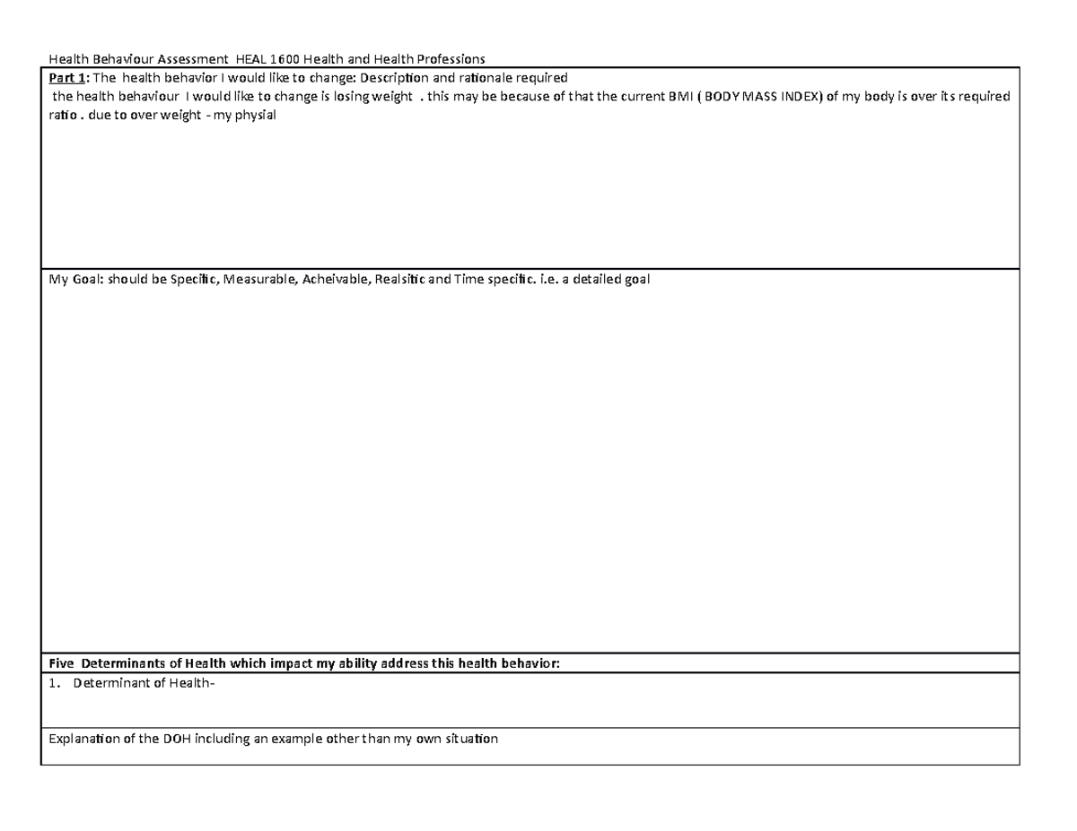 My Health Behaviour Assessment 2020 Winter - Part 1: The health ...
