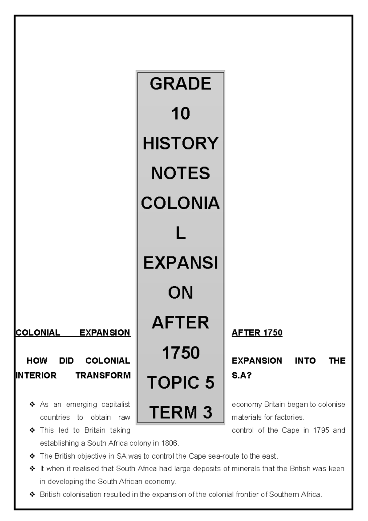 Colonial Expansion After 1750 Grade 10 History Notes - COLONIAL ...