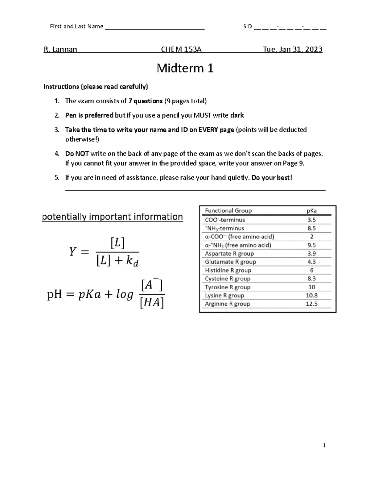 Chem 153A - Midterm 1 - R. Lannan _________ ___ _ CHEM 153A___________ ___Tue, Jan 31, 2023 ...