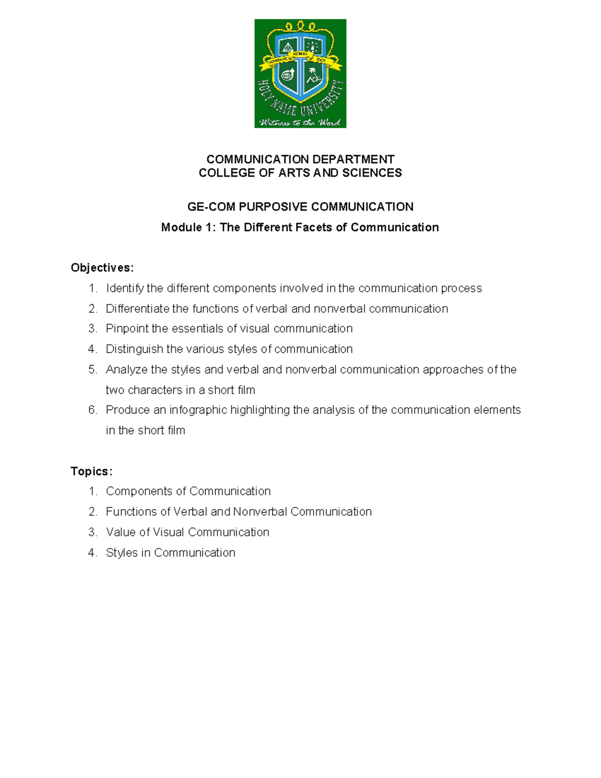 Module 1 Facets OF THE Communication Process - COMMUNICATION DEPARTMENT ...