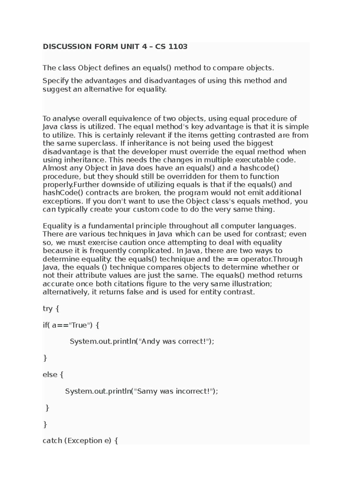DF UNIT 4 - CS1103 - COMPUTER SYSTEMS - 1103 - DISCUSSION FORM UNIT 4 – CS 1103 The class Object ...