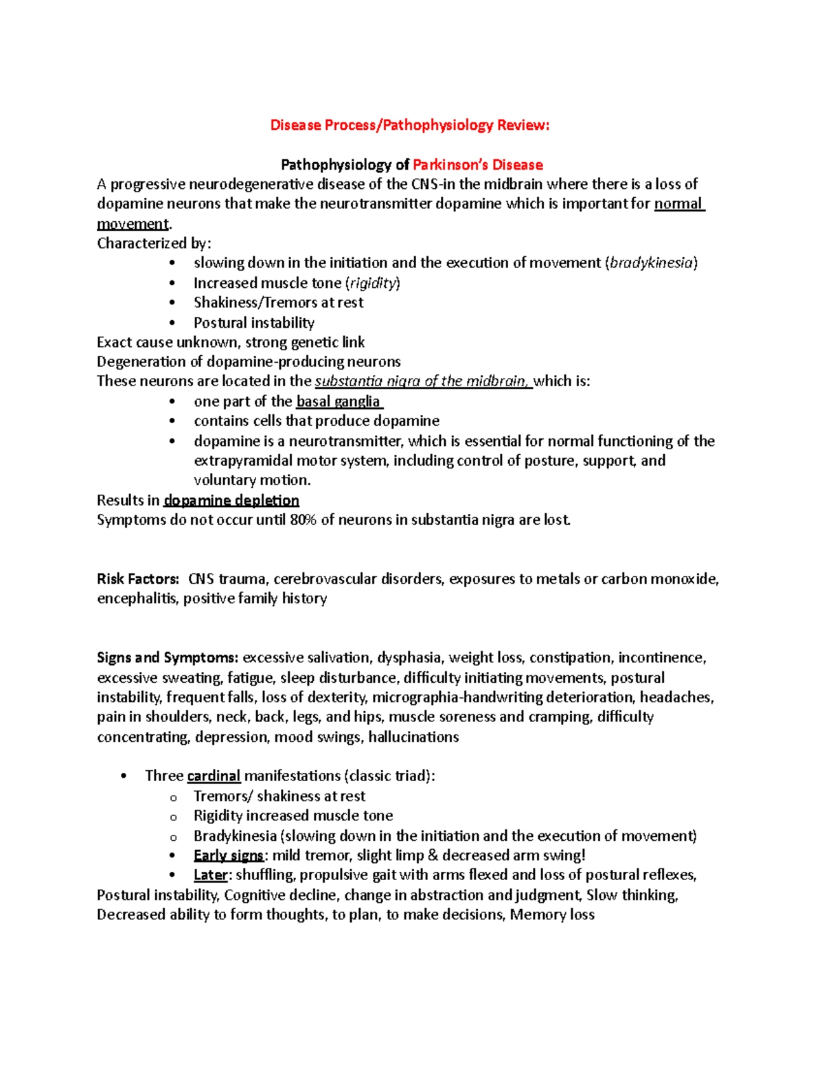 Parkinson's Patho Map - Disease Process/Pathophysiology Review ...