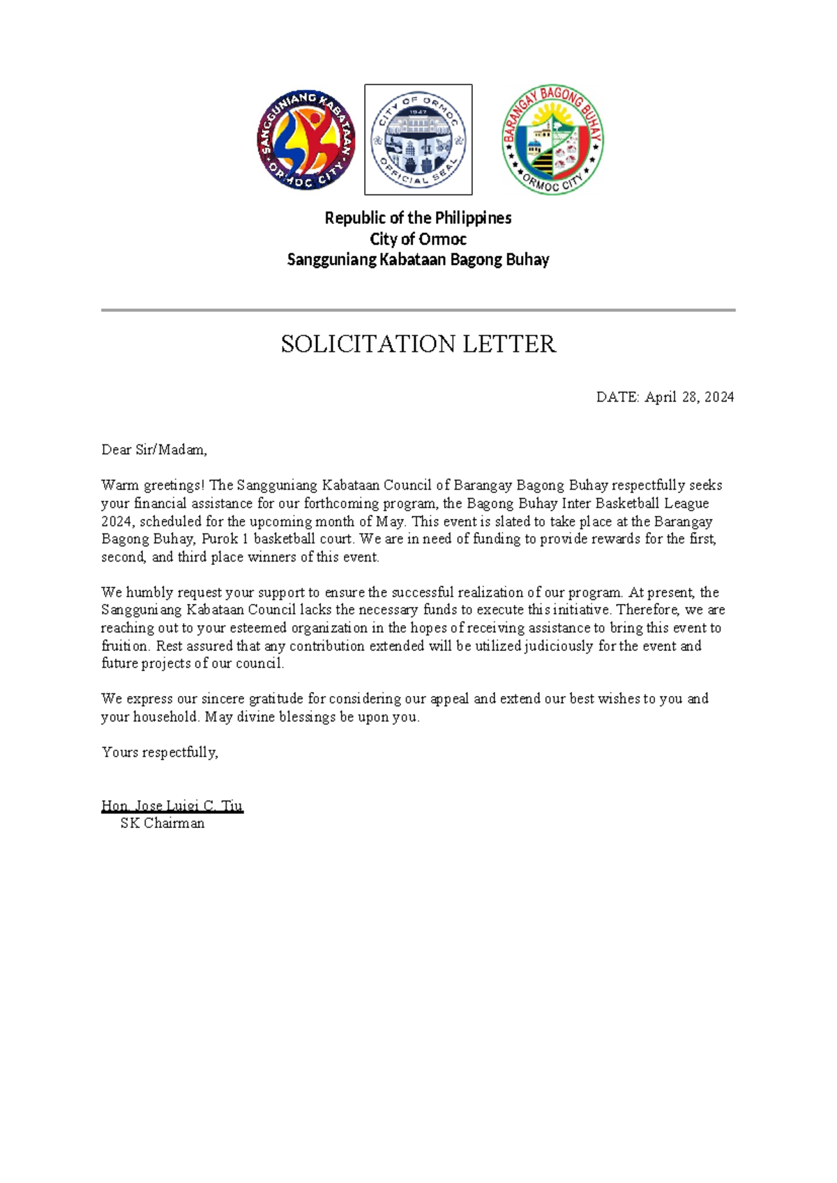Solicitation letter - asdfasdf - Republic of the Philippines City of ...
