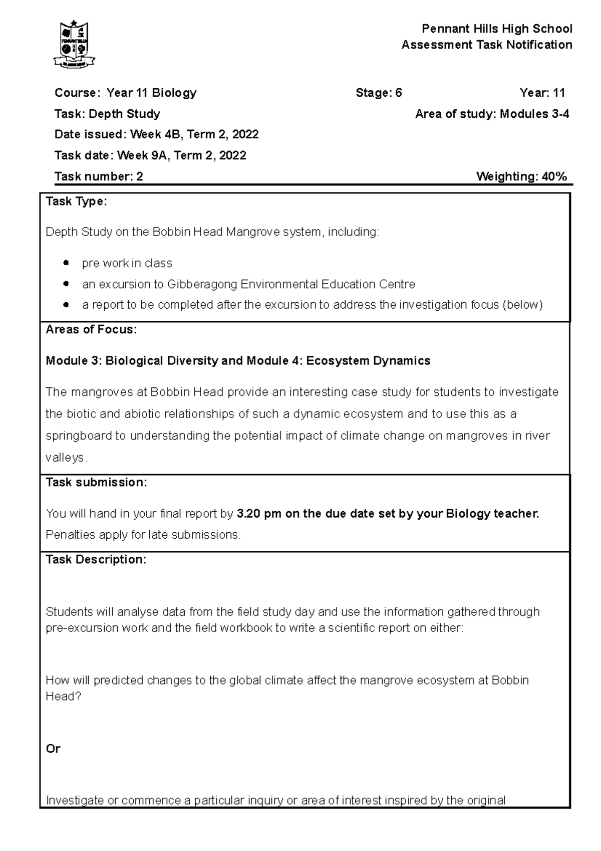 Notification Yr 11 Biology Task 2 Term 2 2022 - Pennant Hills High ...