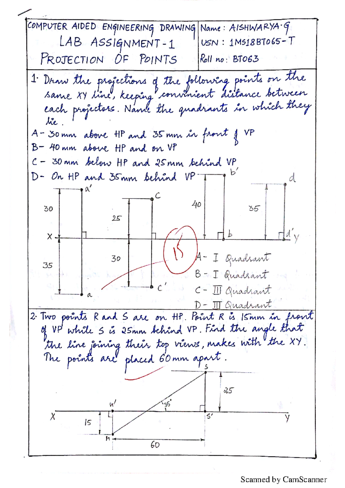 UNIT I Projection of Points Assignment - Engineering Drawing - Studocu