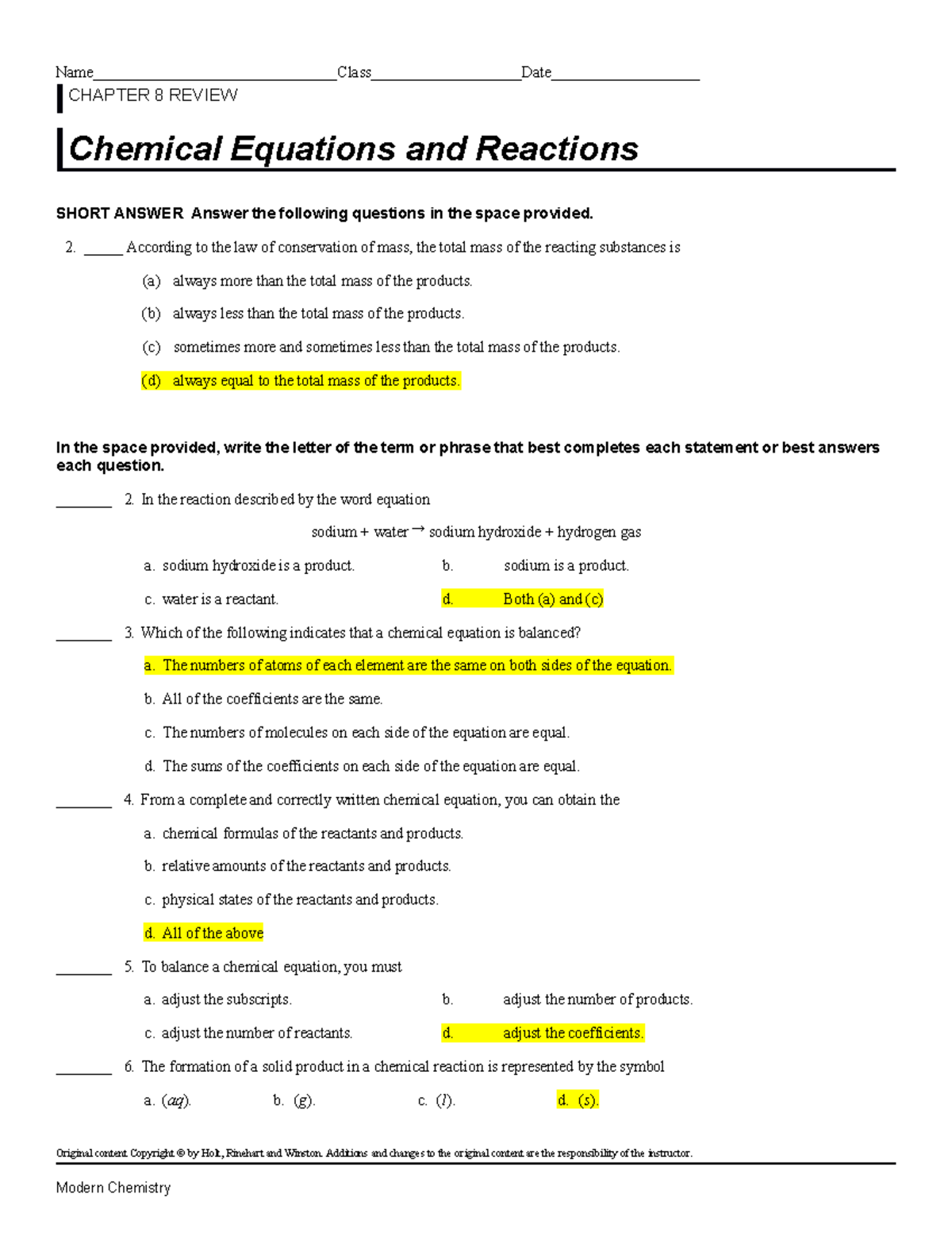 10253206 - Modern Chemistry Chapter Chemical Equations Reactions ...