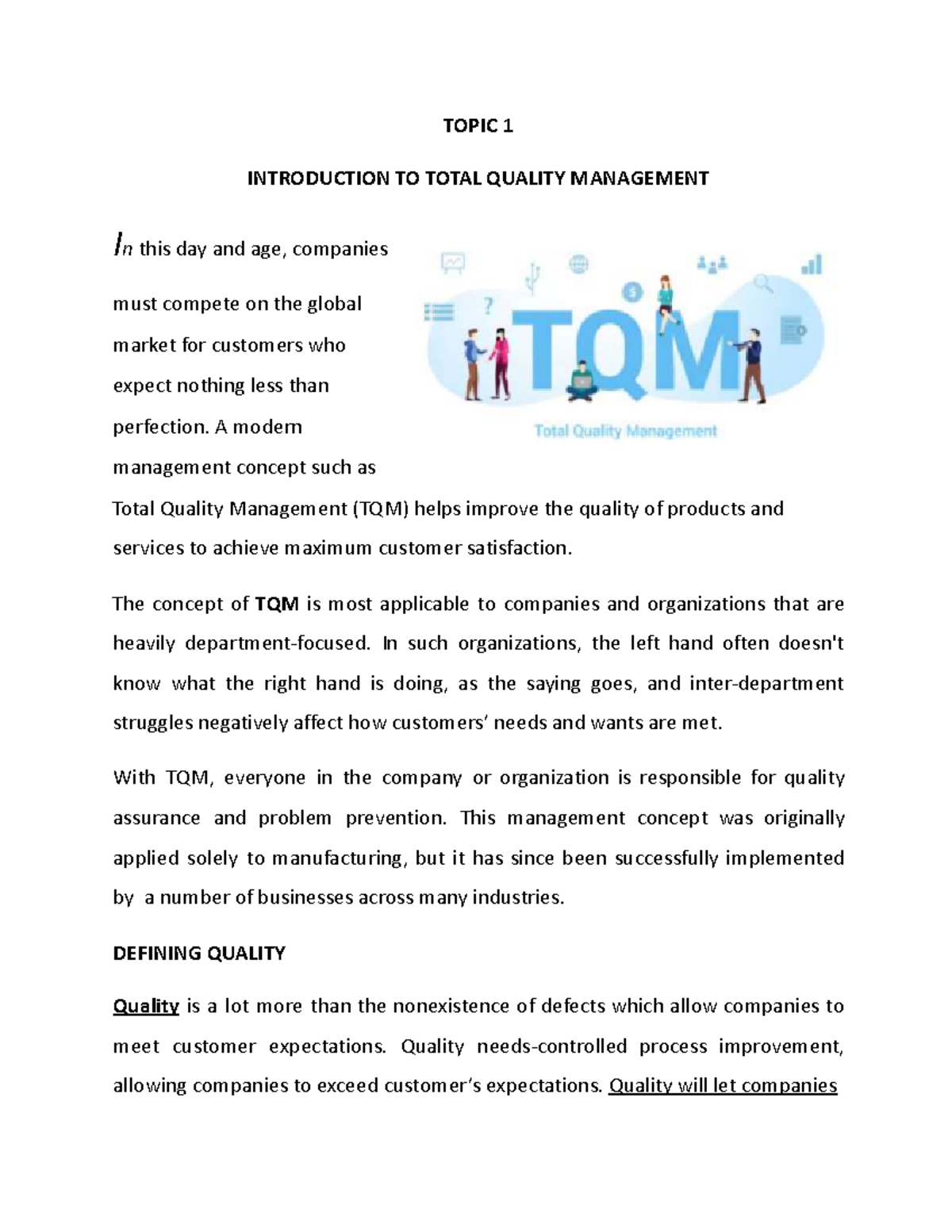 Topic 1 Introduction Total Quality Management(TQM) - TOPIC 1 INTRODUCTION TO TOTAL QUALITY - Studocu