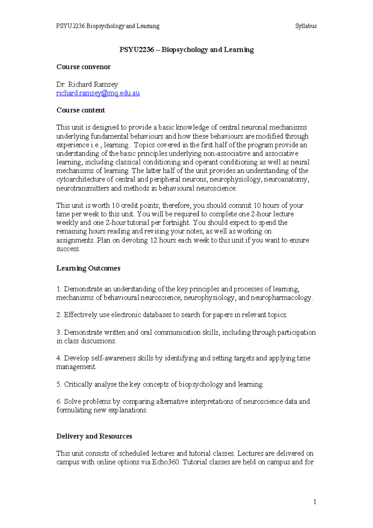 Syllabus - PSYU2236 – Biopsychology and Learning Course convenor Dr ...