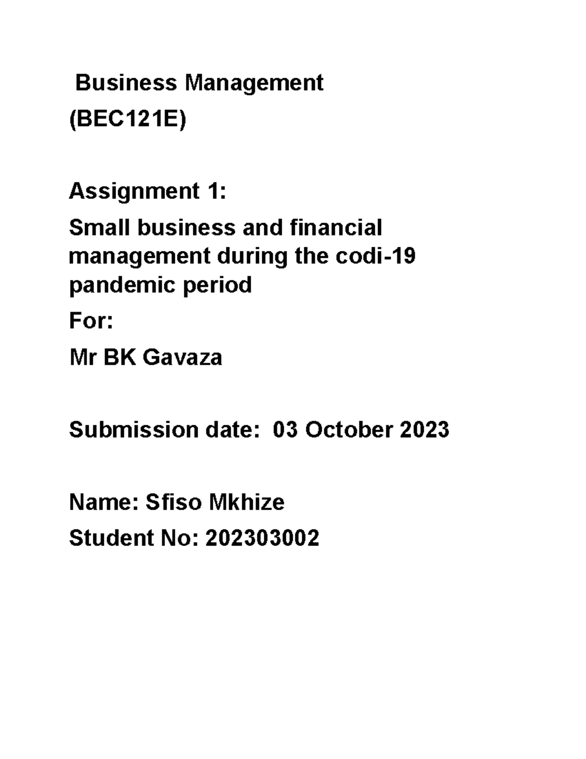 BEC 121E 202303002 Assignment 2023 - Business Management (BEC1 2 1E ...