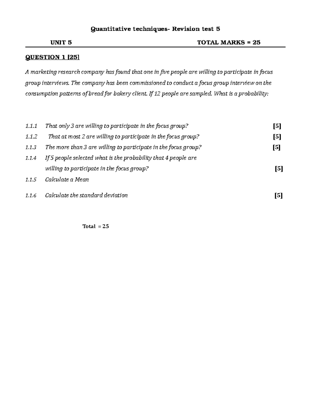 Unit 5 Revision TEST 5 - mr Felix - Quantitative techniques- Revision ...