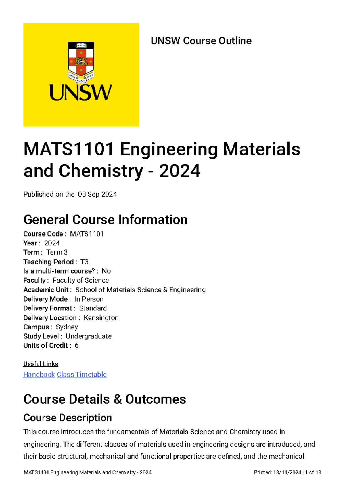 CO MATS1101 1 2024 Term3 T3 - UNSW Course Outline MATS1101 Engineering ...
