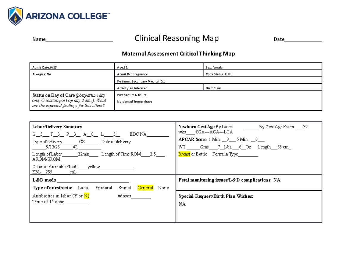 Critical Thinking Map Maternal Assessment Rev. 02 - Maternal Assessment ...
