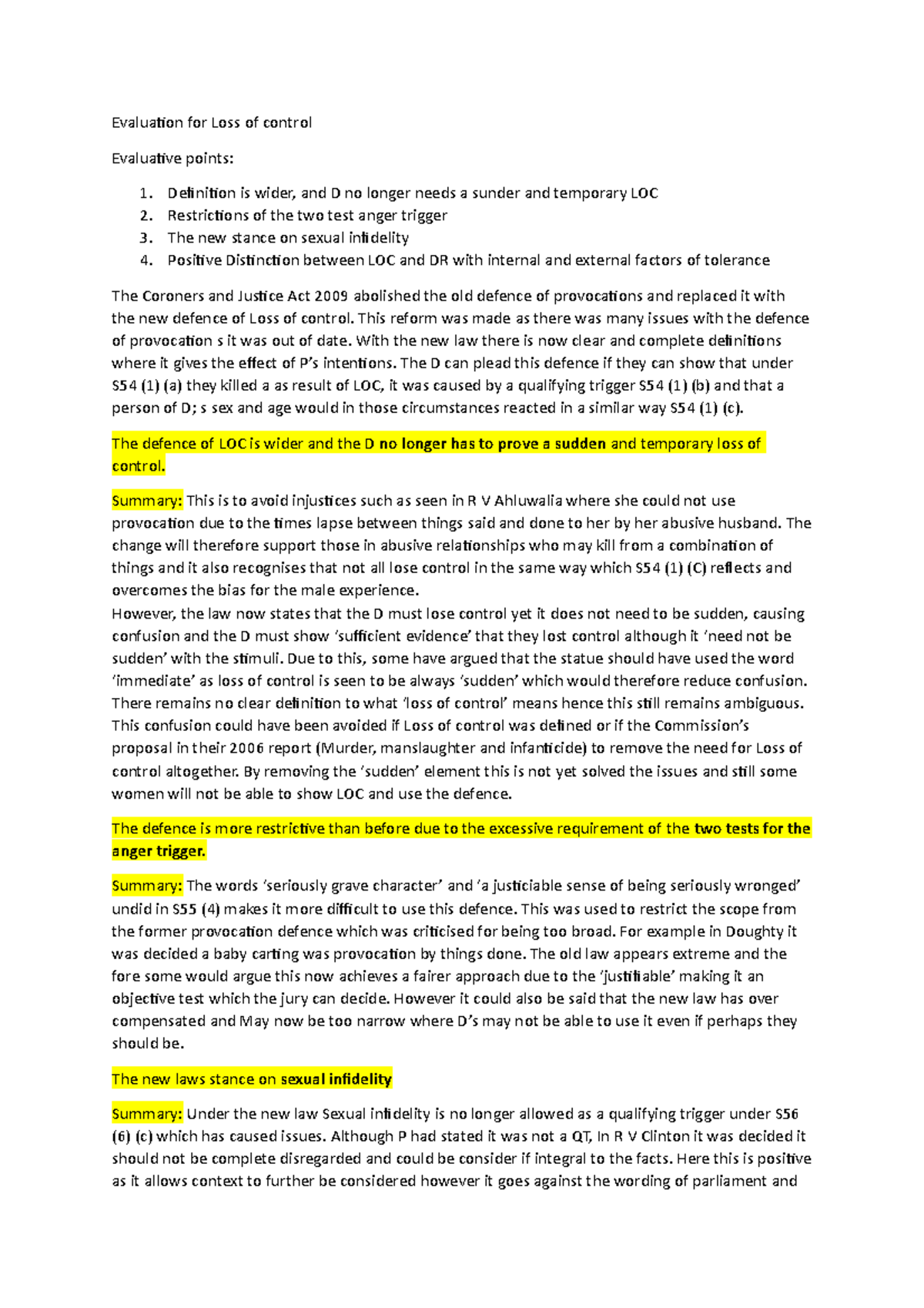 Criminal Law Evaluation for Loss of control - PL2005 - Studocu
