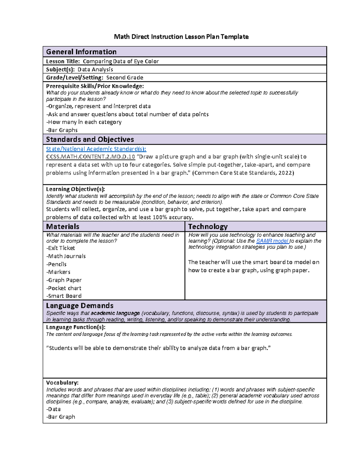 Math Direct Instruction Lesson Plan Template: Comparing Data of Eye ...